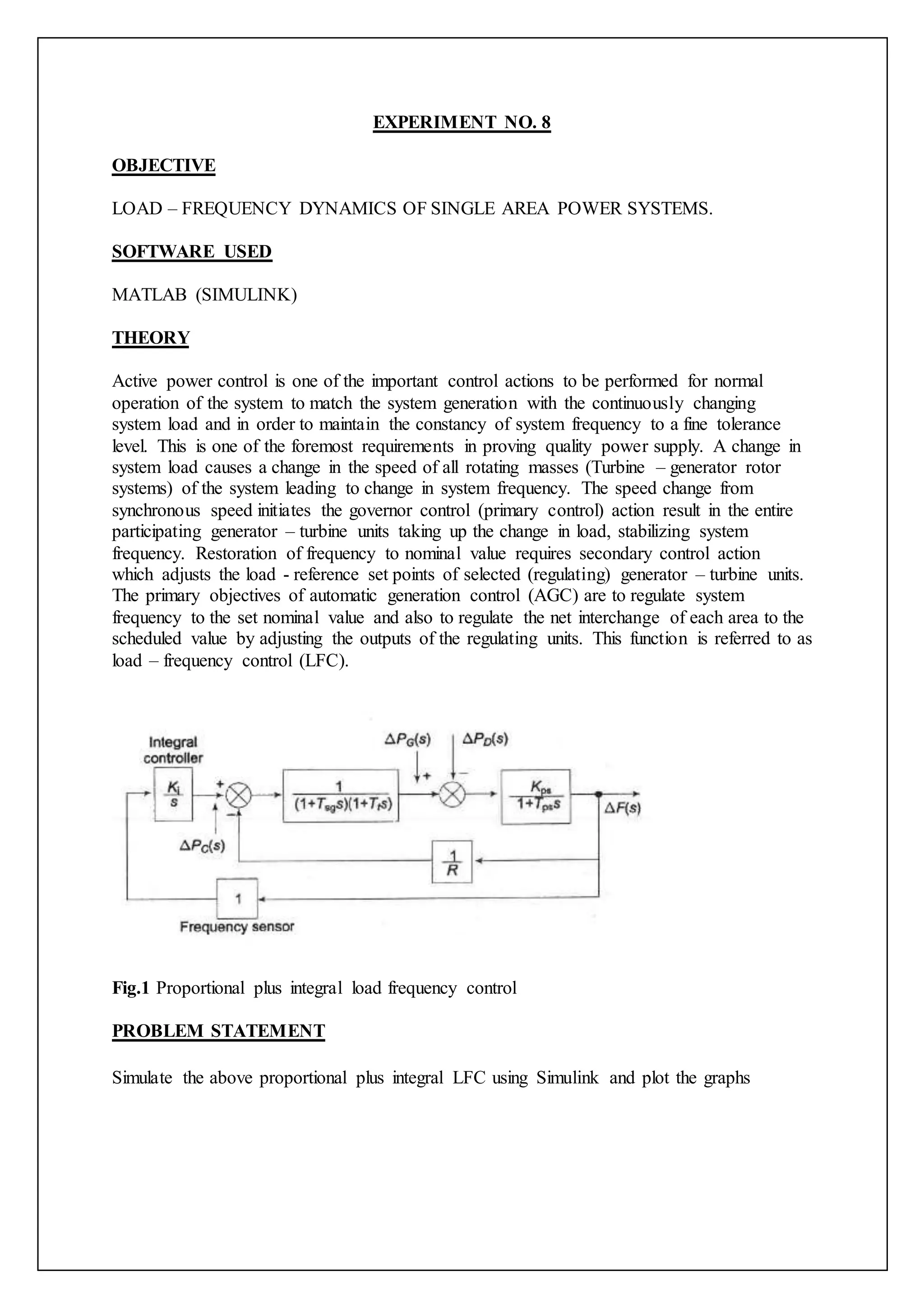 Exp 8 (1)8. Load-frequency dynamics of single area power system | DOCX