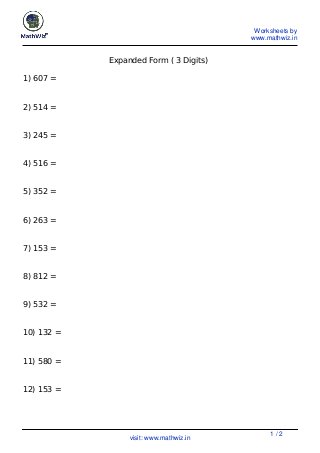 Expanded Form 3 Digits - Maths Worksheets