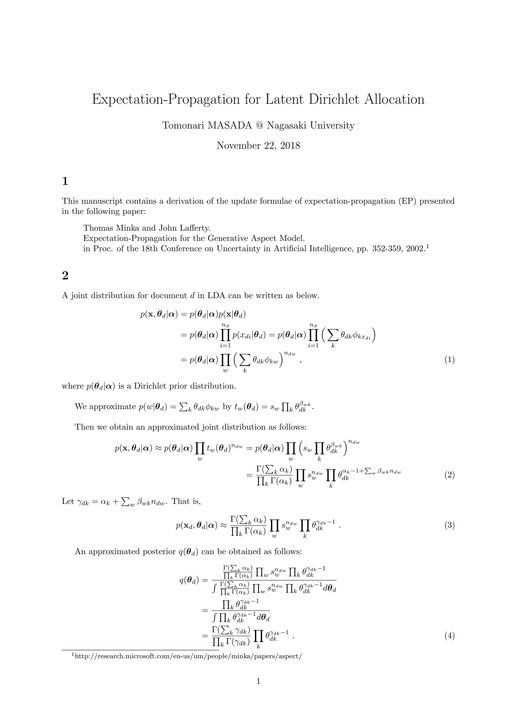 Expectation Propagation For Latent Dirichlet Allocation Pdf Physics Science