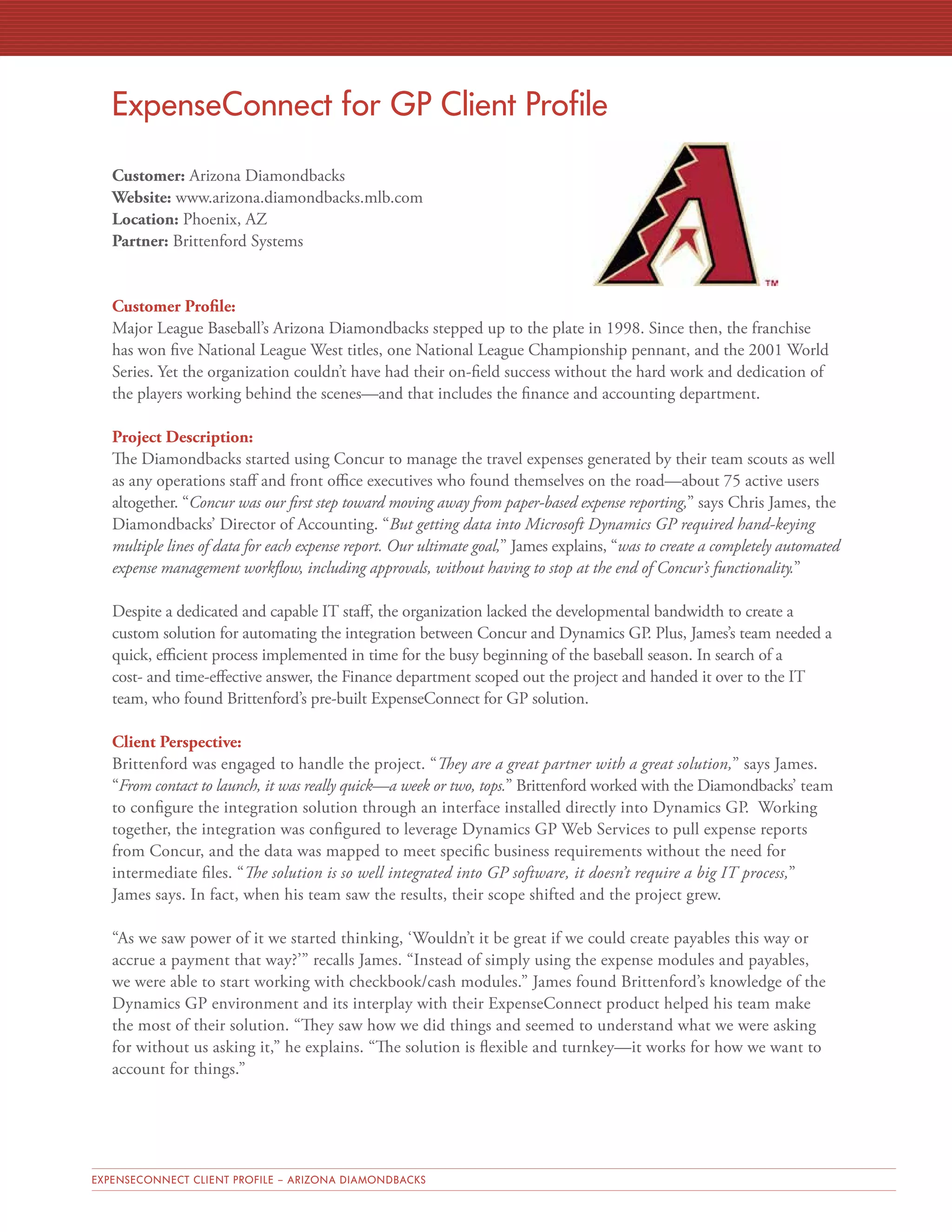 Case Study: Arizona Diamondbacks Implement ExpenseConnect for Microsoft Dynamics GP | PDF
