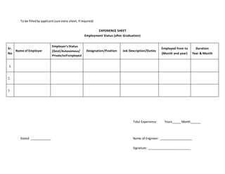 Engineer Experience Sheet Template | PPT