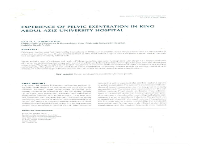 Experience of pelvic exenteration in king abdulazizi university hospital | PDF