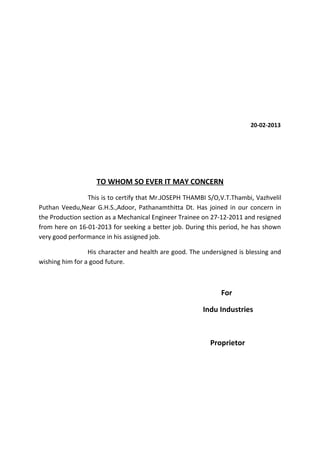 Mechanical Work Experience Certificate