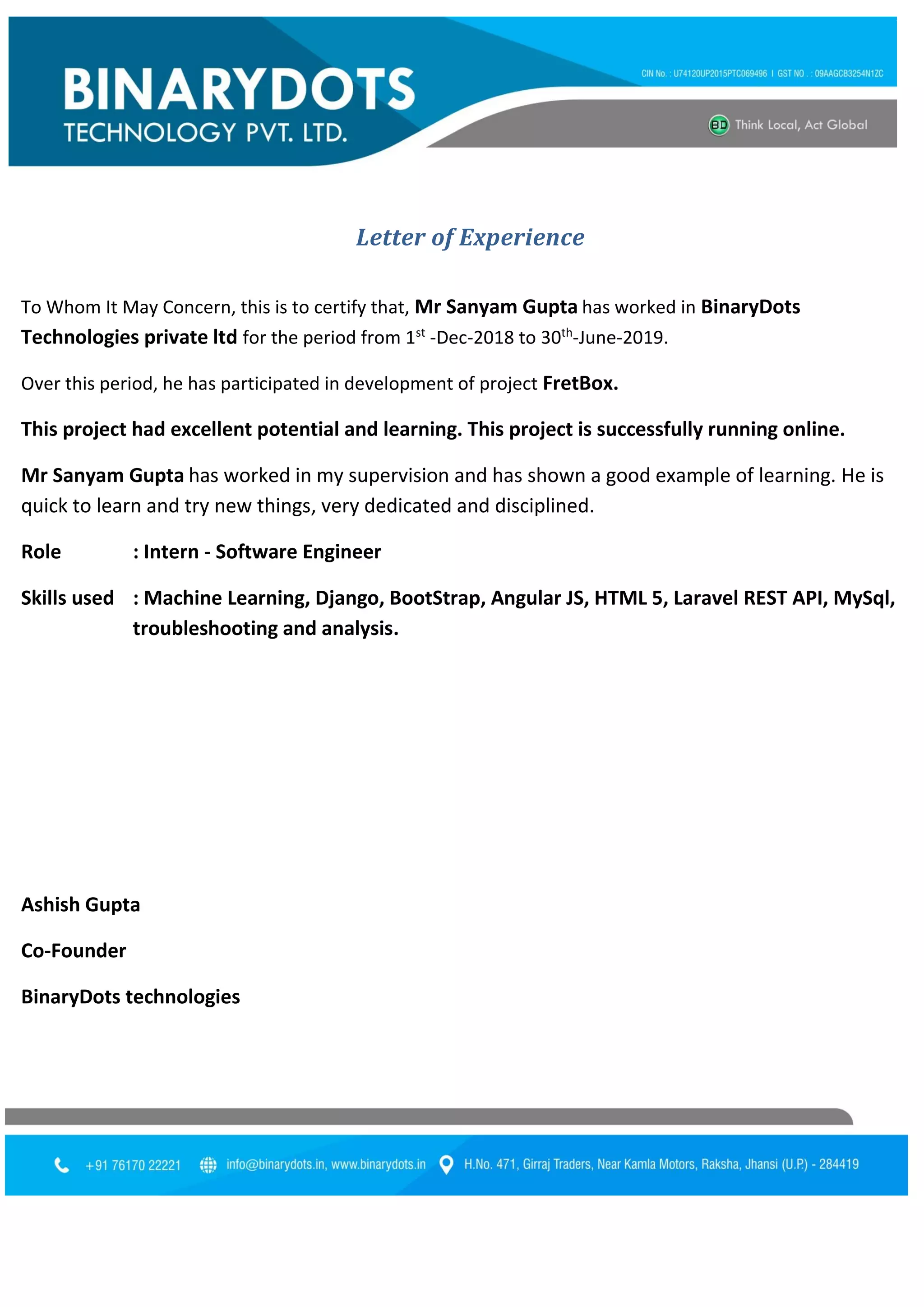 Experience certificate sanyam | PDF