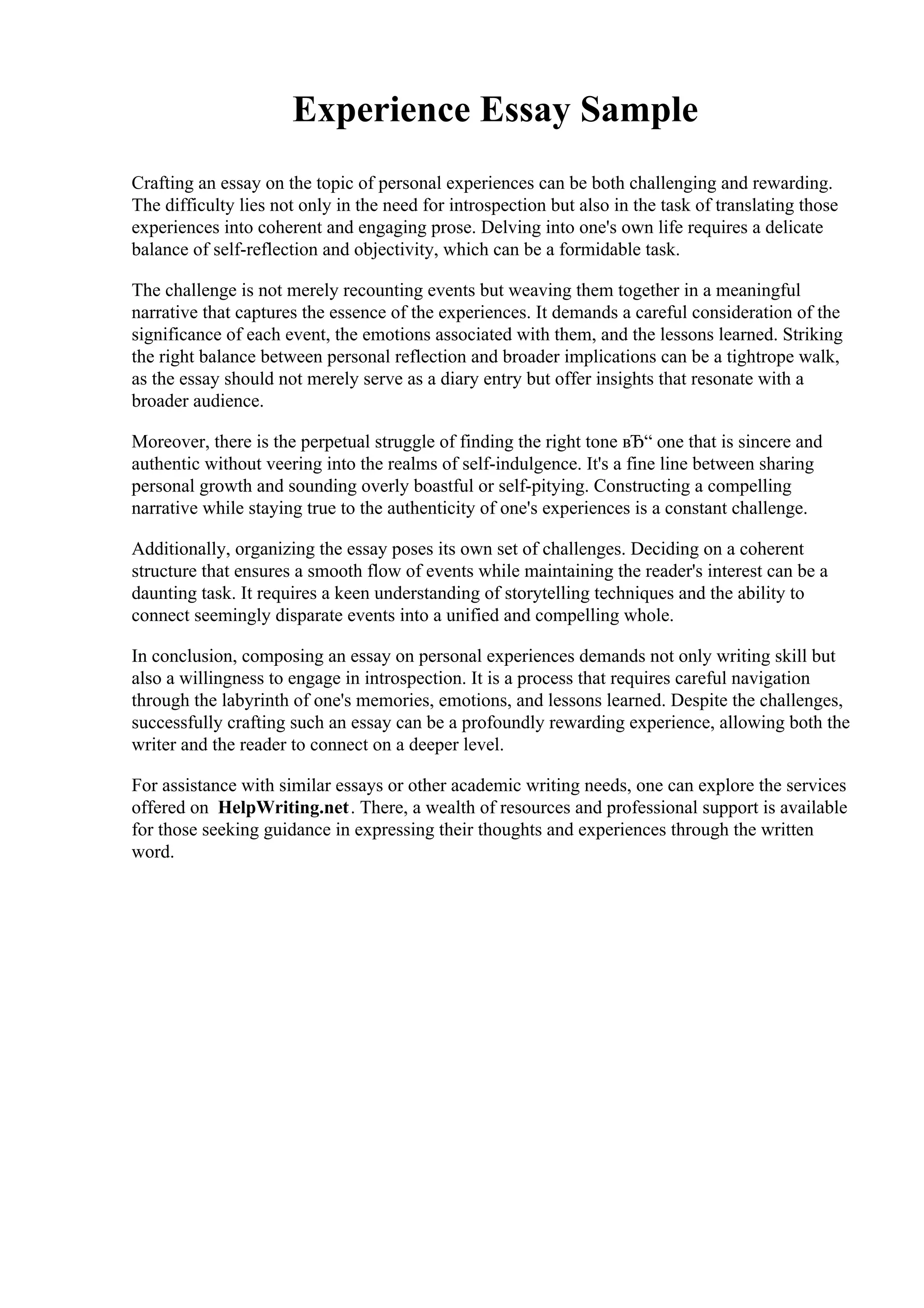 Experience Essay Sample. Gavilan College | PDF