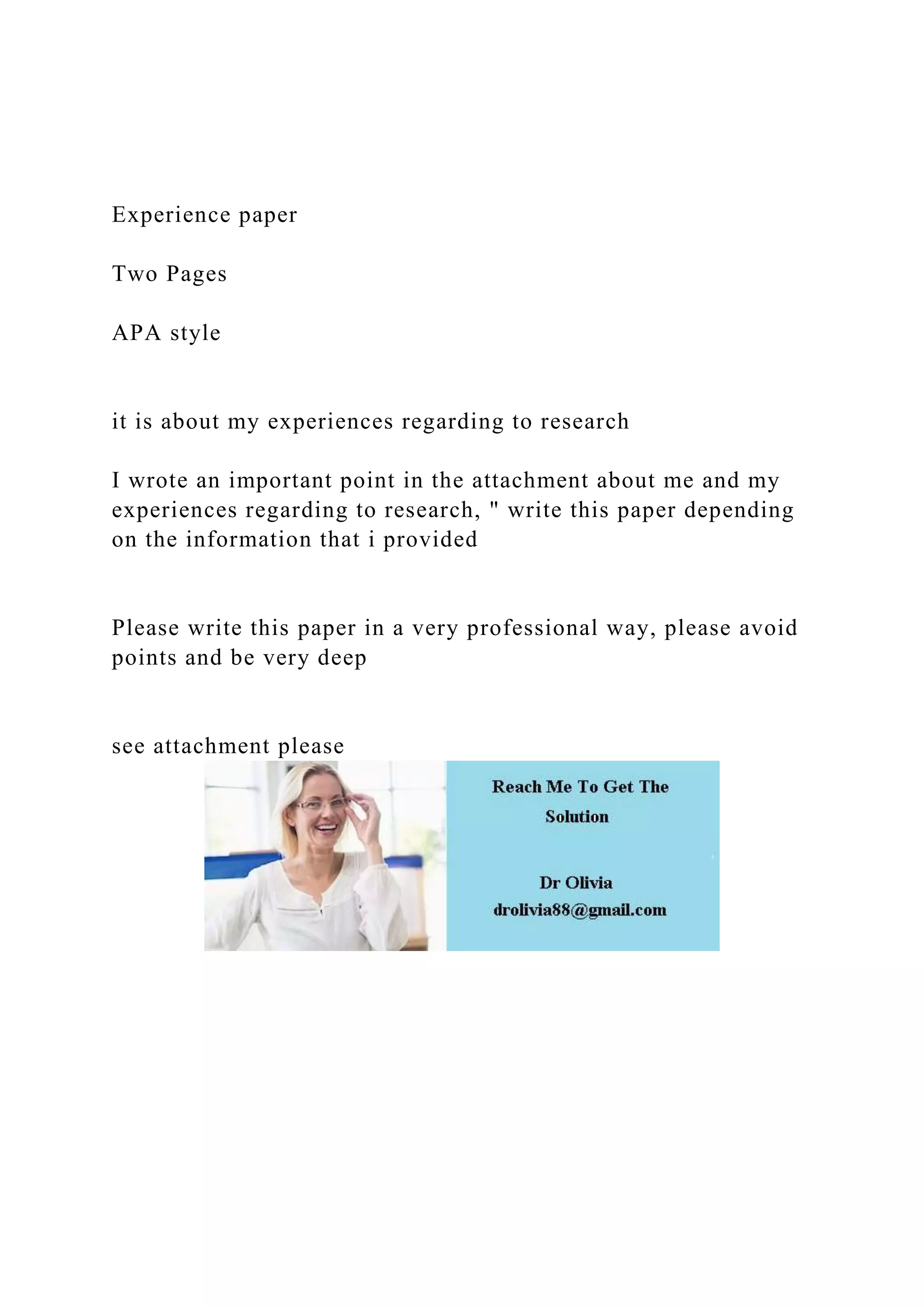 Experience paperTwo PagesAPA styleit is about my e | DOCX