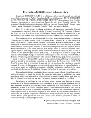 Experienta mobilitatii Erasmus+ in Paphos, Cipru | PDF