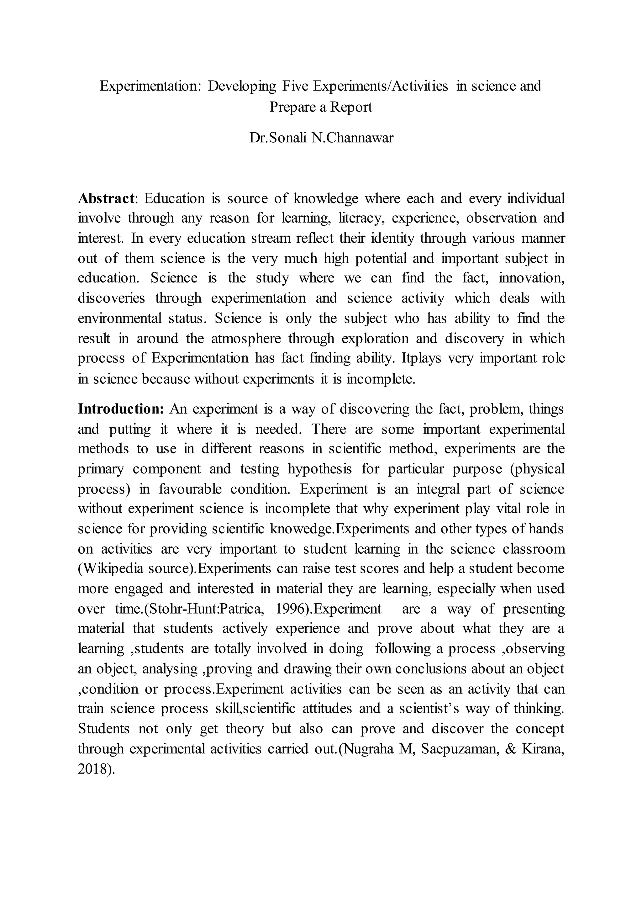 Experimentation: Developing Five Experiments/Activities in science and ...