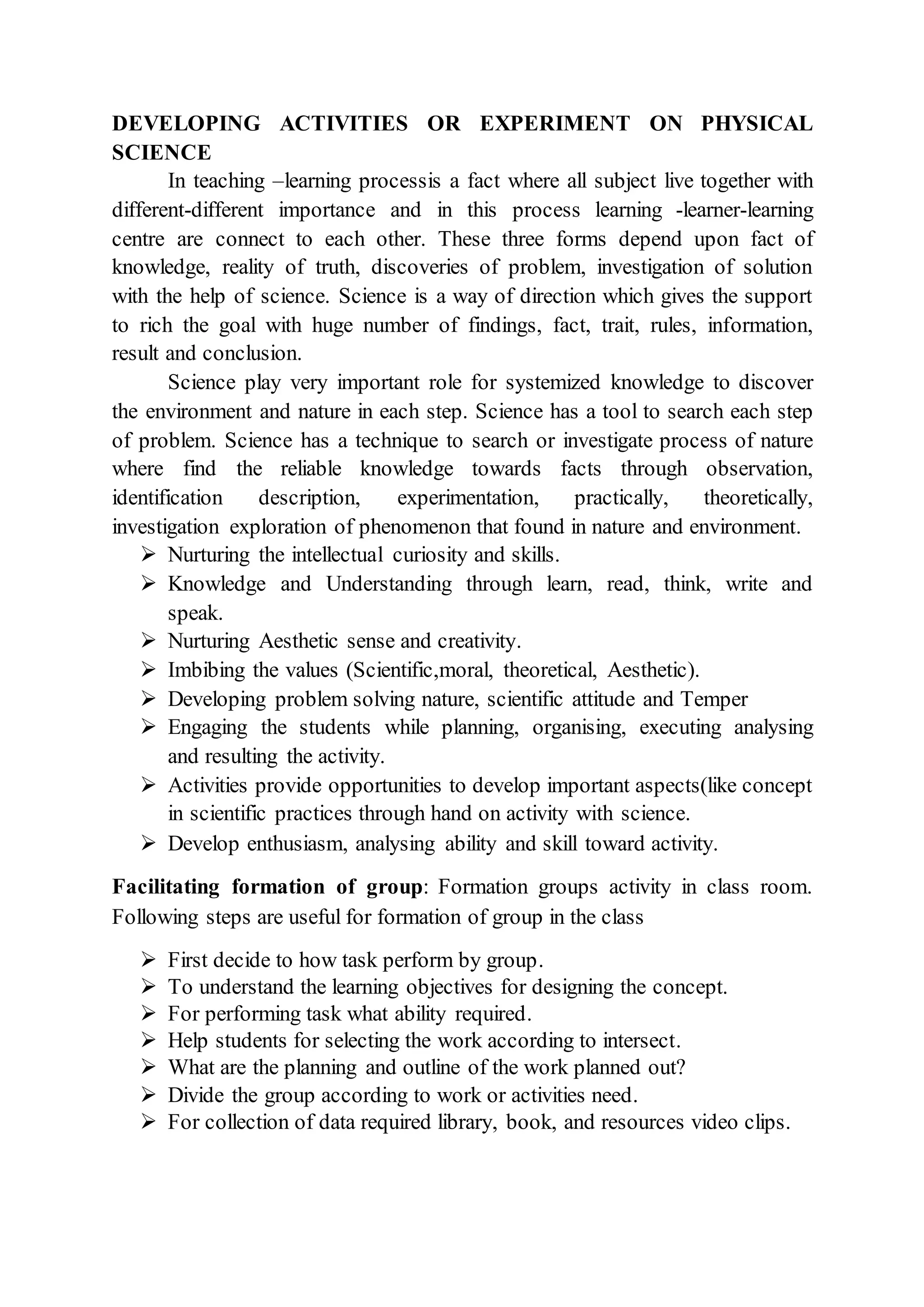 Experimentation: Developing Five Experiments/Activities in science and Prepare a Report | DOCX