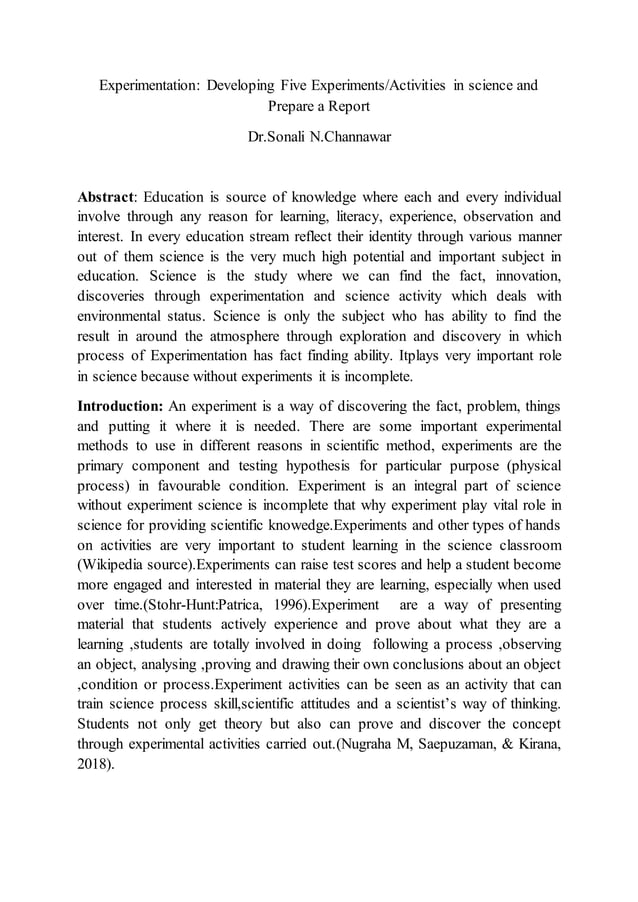 Experimentation: Developing Five Experiments/Activities in science and Prepare a Report | DOCX ...