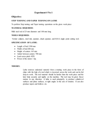STEP TURNING AND TAPER TURNING ON LATHE | DOCX