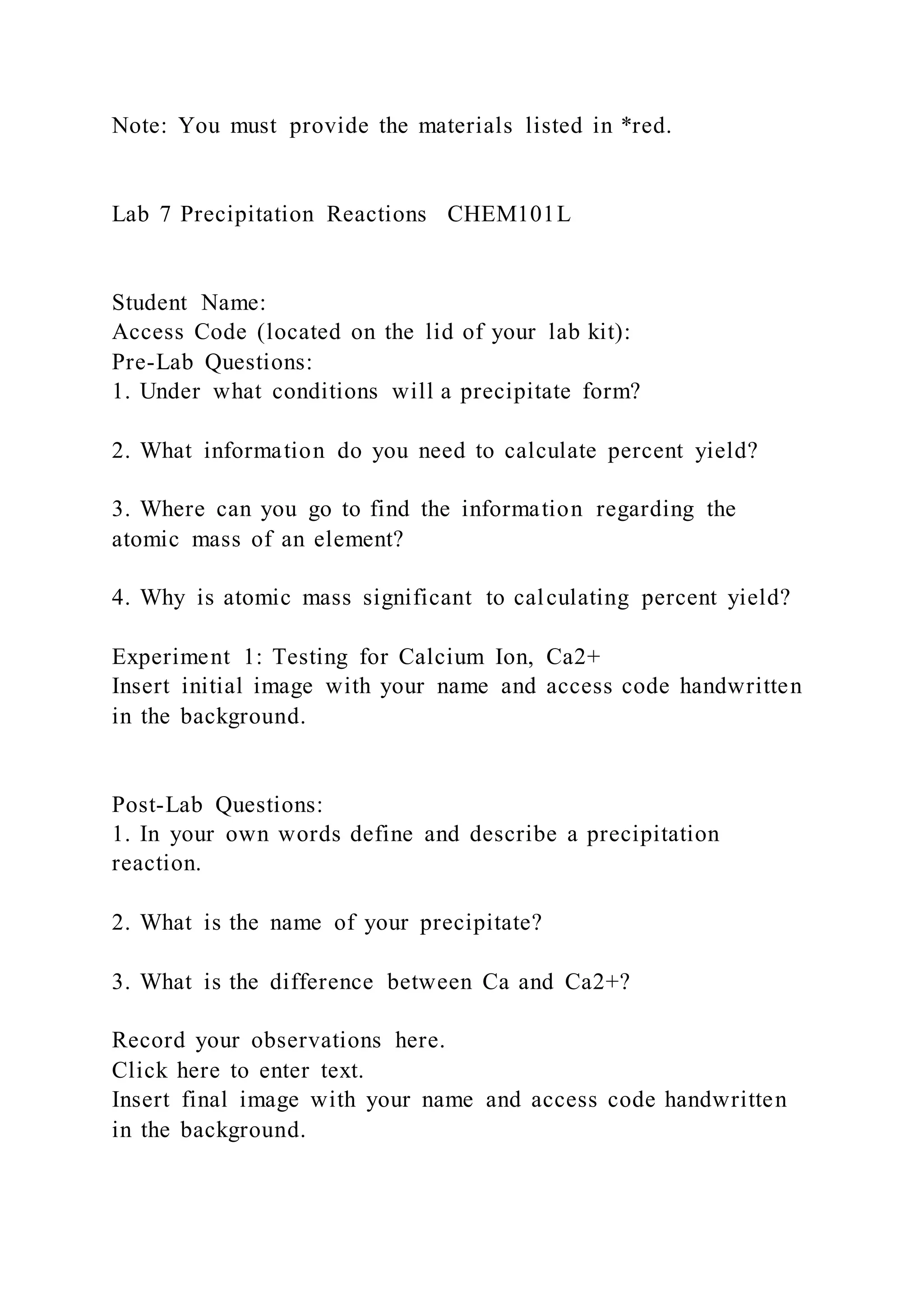 Experiment 1 performing a precipitation reactionexperiment in | DOCX