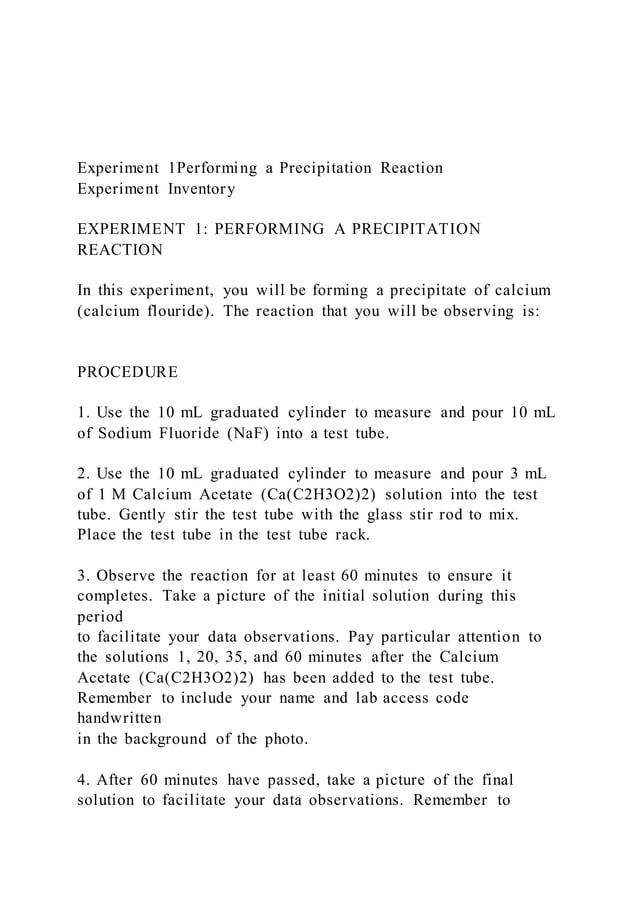 Experiment 1 performing a precipitation reactionexperiment in | DOCX ...