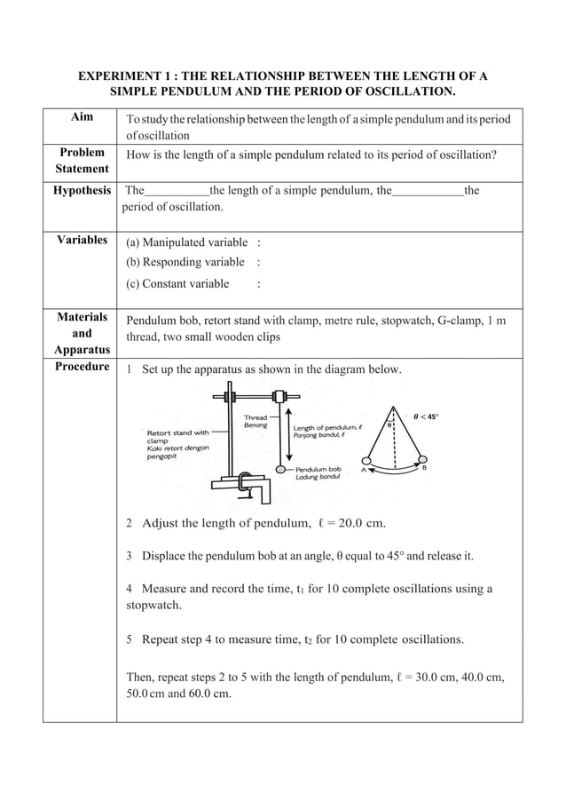 Experiment 1 the relationship between the length of a smple pemdulum and the period of ...