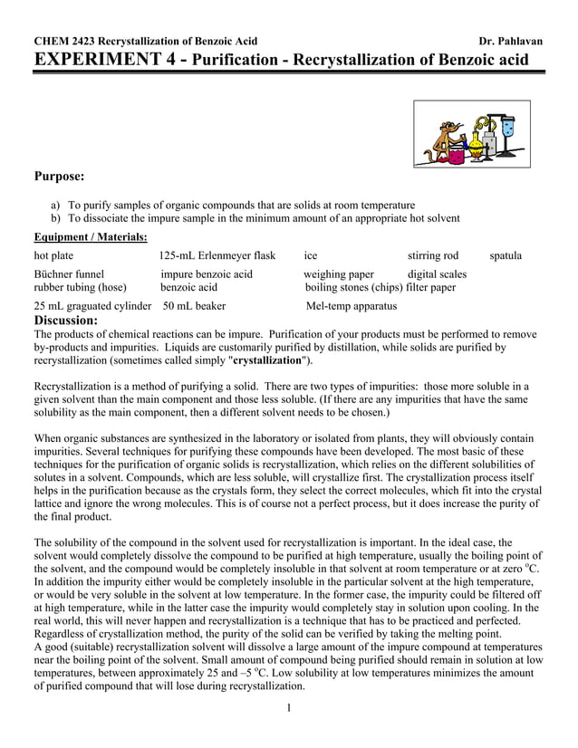 Experiment 4 purification - recrystallization of benzoic acid | PDF ...