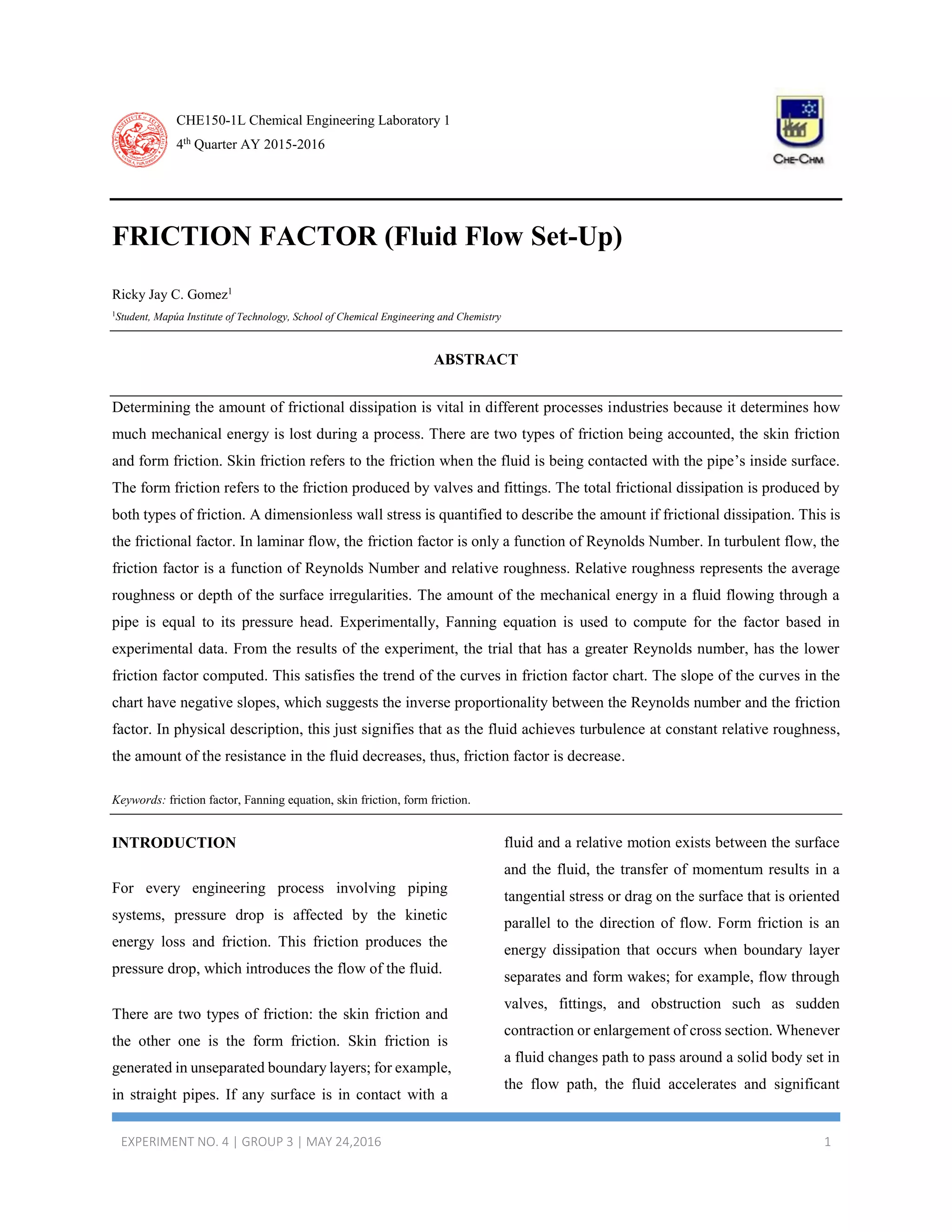 Experiment 4 friction factor | PDF