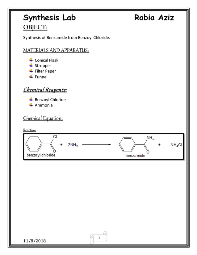 Synthesis of benzamide from benzyl chloride | DOCX | Chemistry | Science