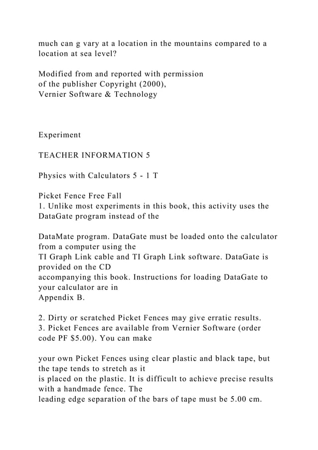 Experiment5Physics with Calculators 5 - 1Picket Fe.docx | Physics | Science