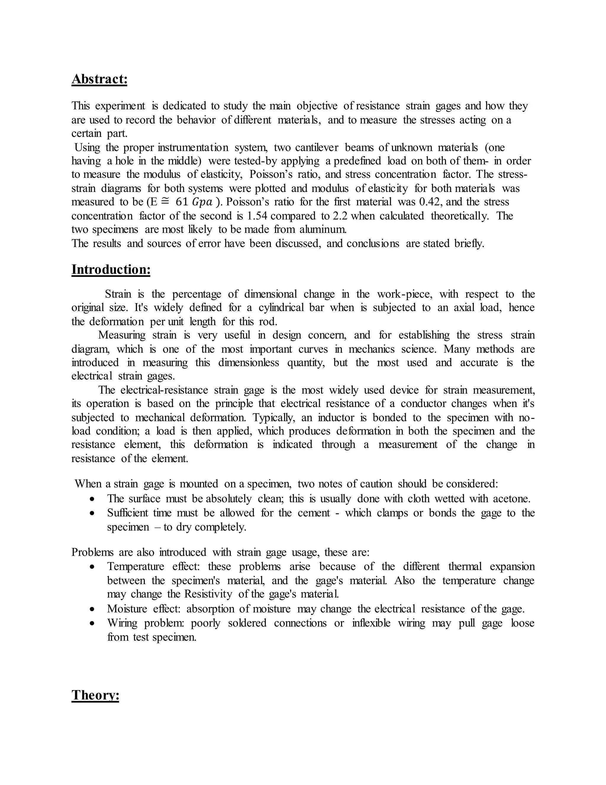 Instrumentation Lab. Experiment #6 Report: Strain Measurements 1 | DOCX