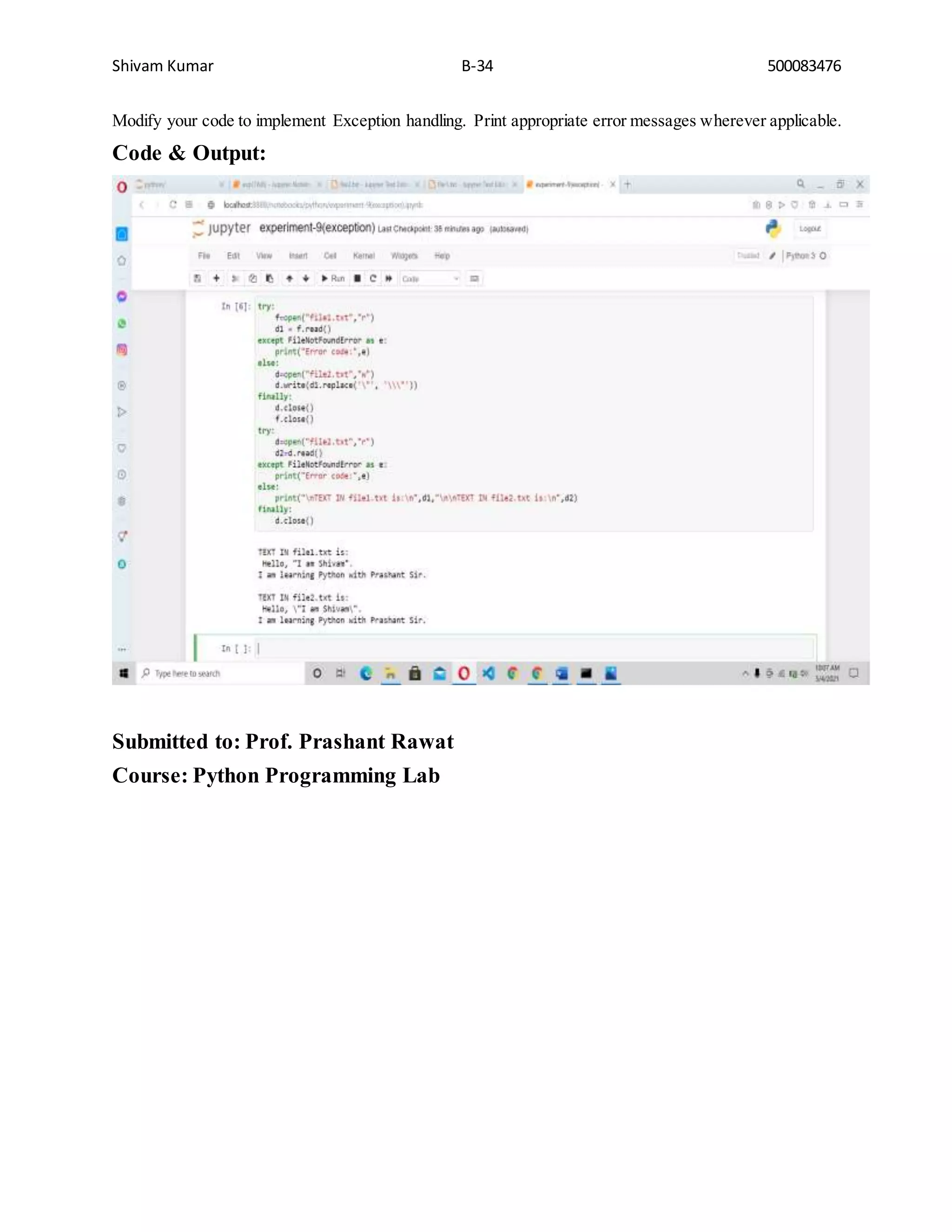 Experiment 9(exceptions) | DOCX | Programming Languages | Computing
