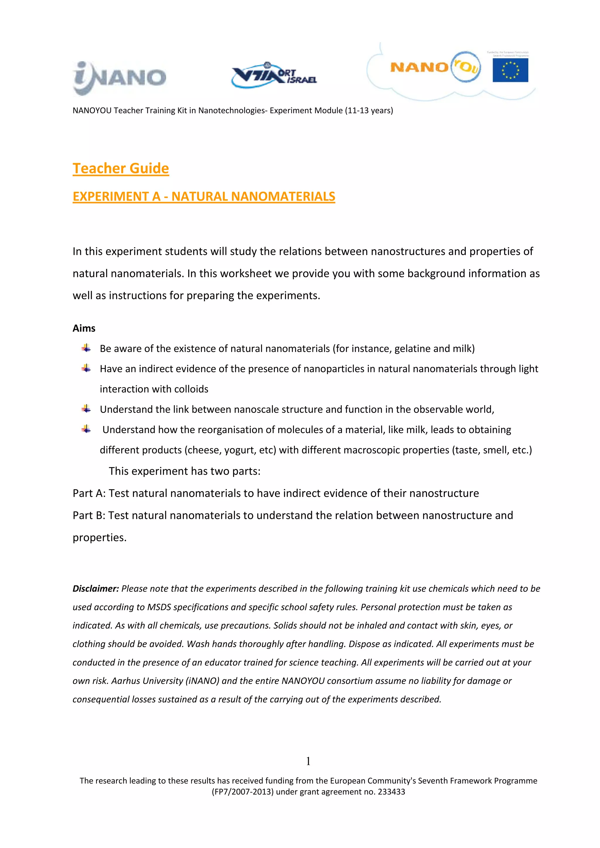 Experiment with natural nanomaterials - Teacher guide (age 11-13) | PDF