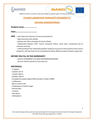 Experiment with natural nanomaterials - Student laboratory worksheet ...