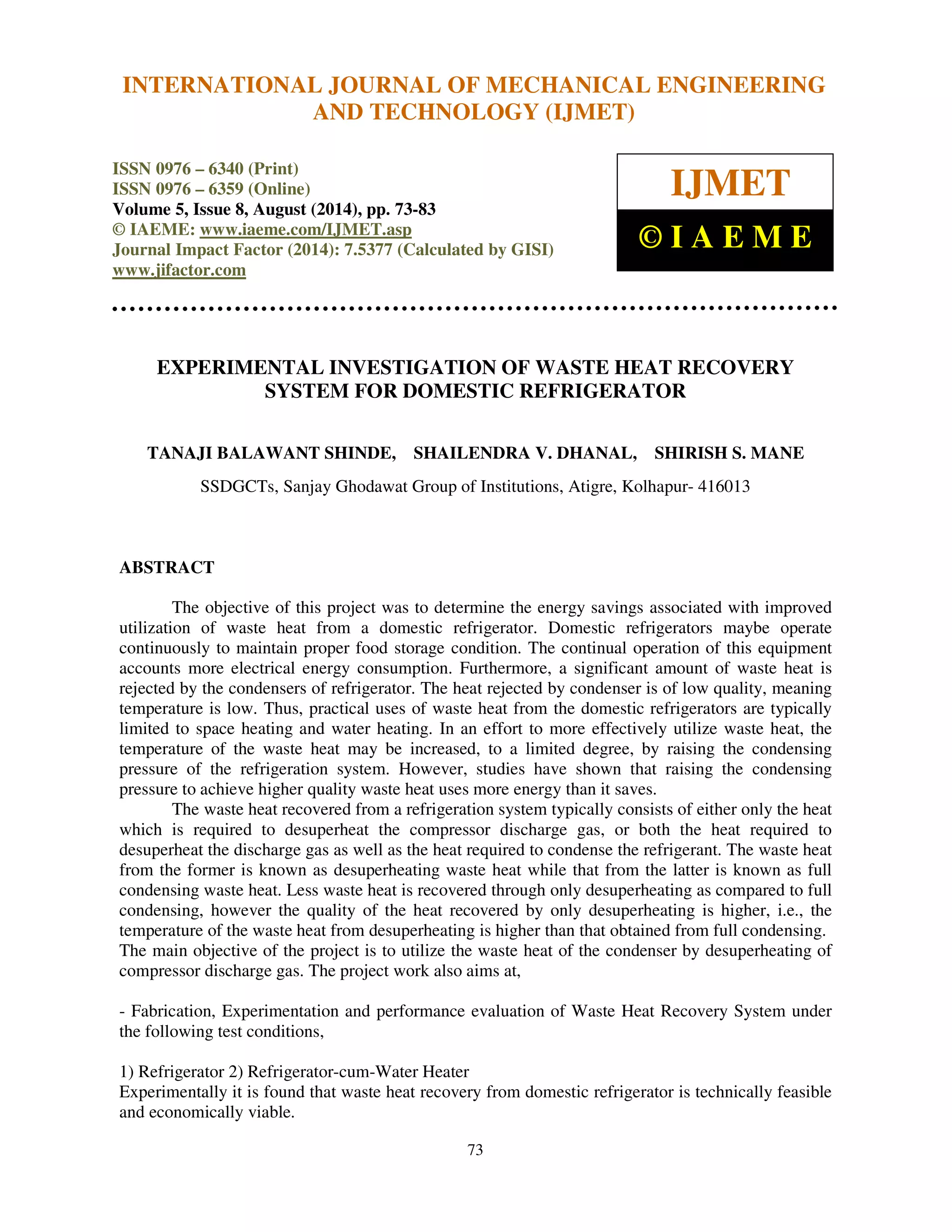 EXPERIMENTAL INVESTIGATION OF WASTE HEAT RECOVERY SYSTEM FOR DOMESTIC ...