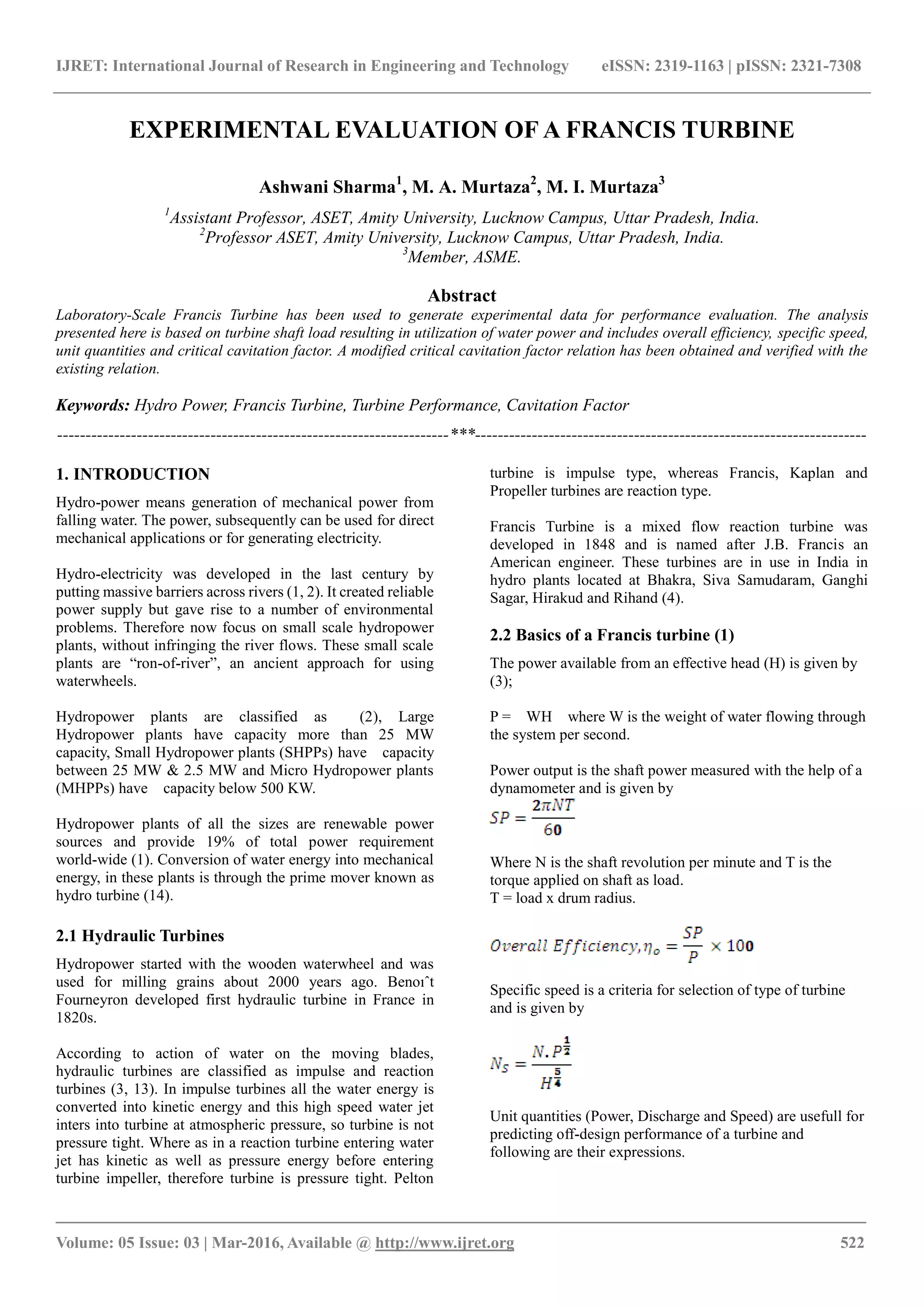 Experimental evaluation of a francis turbine | PDF