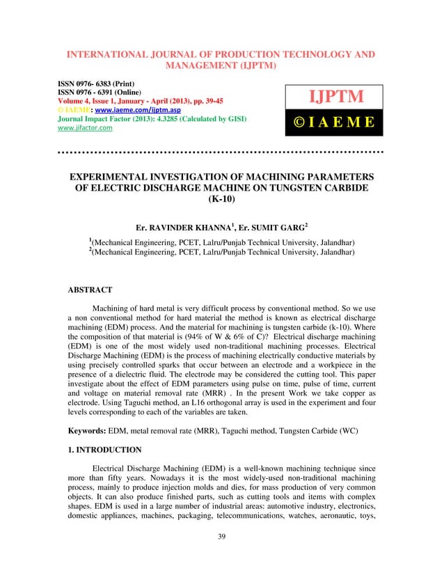 Experimental investigation of machining parameters of electric | PDF Experimental investigation of machining parameters of electric | PDF