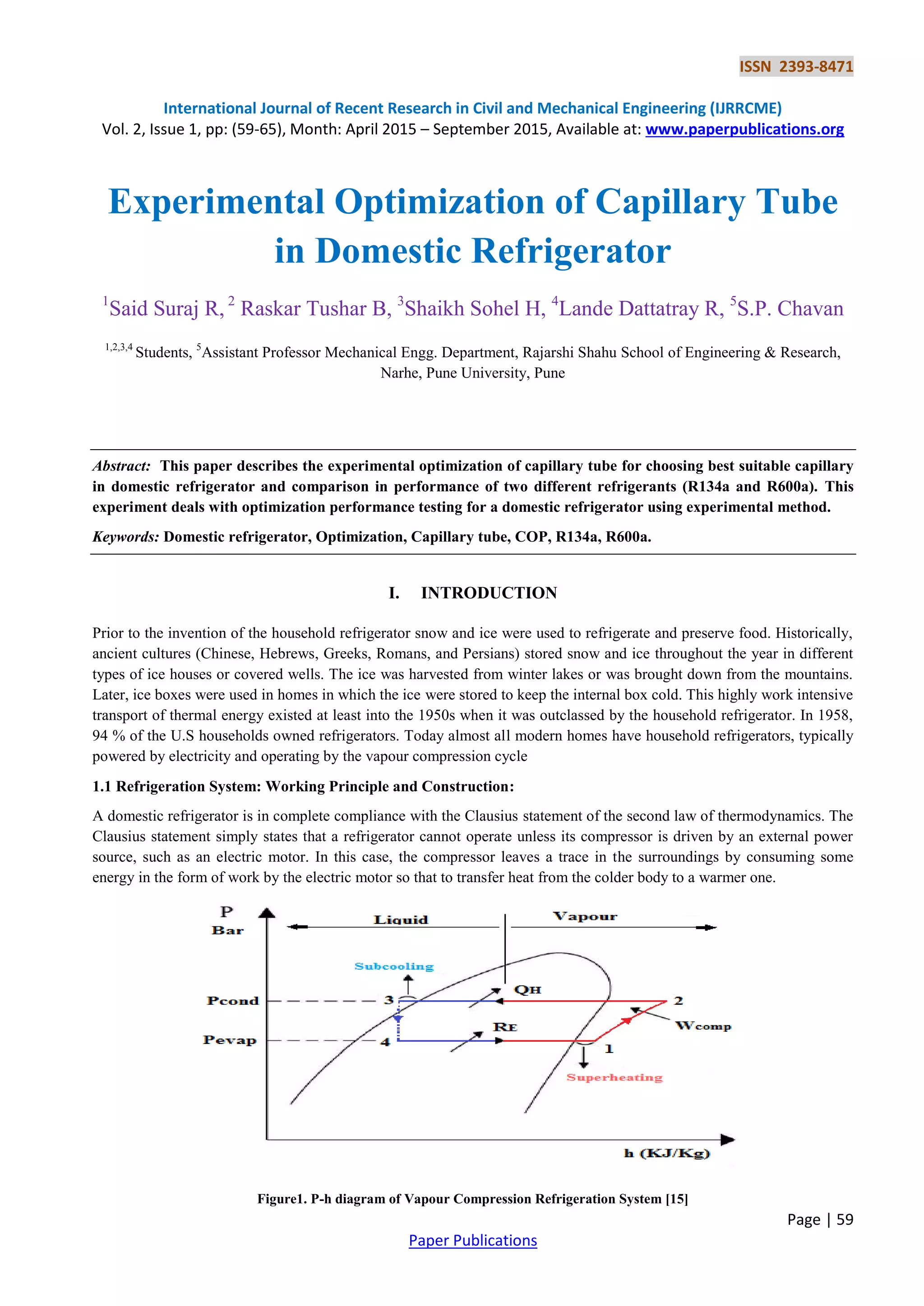 Experimental Optimization of Capillary Tube in Domestic Refrigerator | PDF