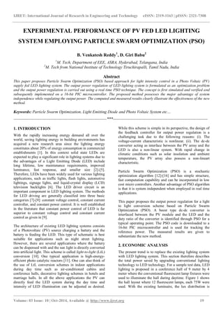 Experimental performance of pv fed led lighting system employing particle swarm optimization ...