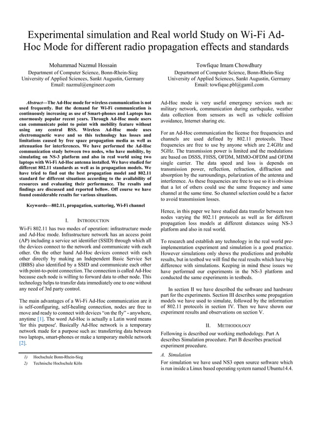 Experimental simulation and real world study on wi fi ad-hoc mode for different radio ...