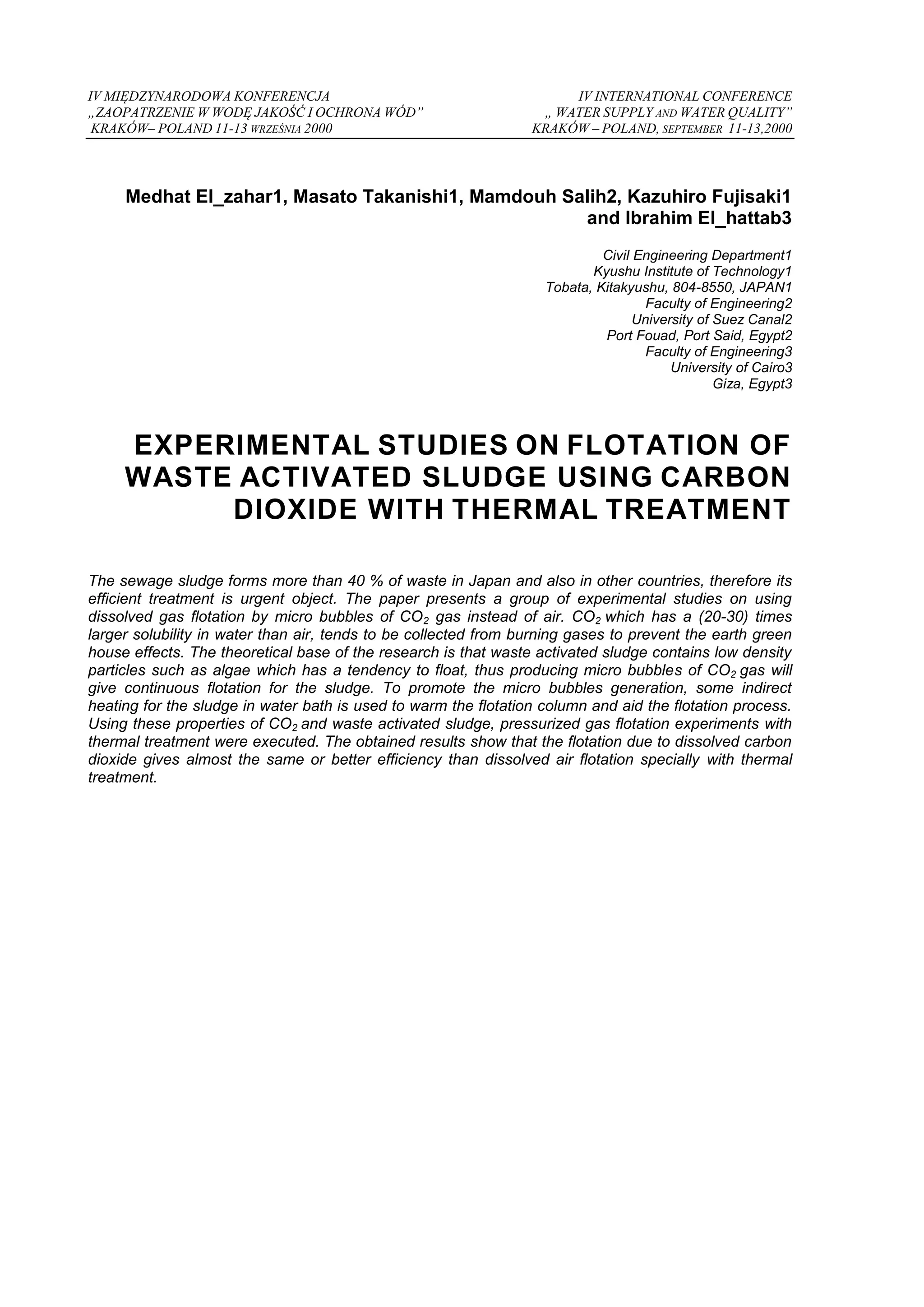 Experimental studies on flotation of waste activated sludge using carbon dioxide and thermal ...