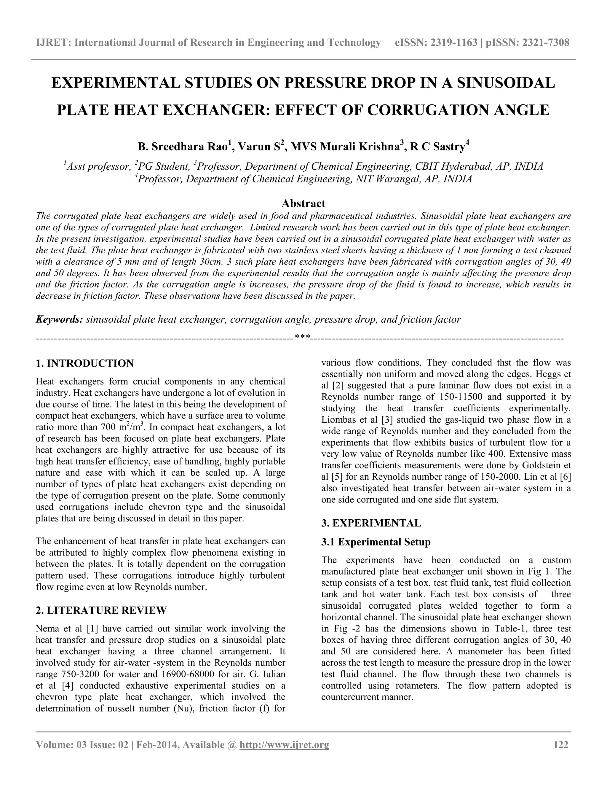 Experimental studies on pressure drop in a sinusoidal plate heat ...