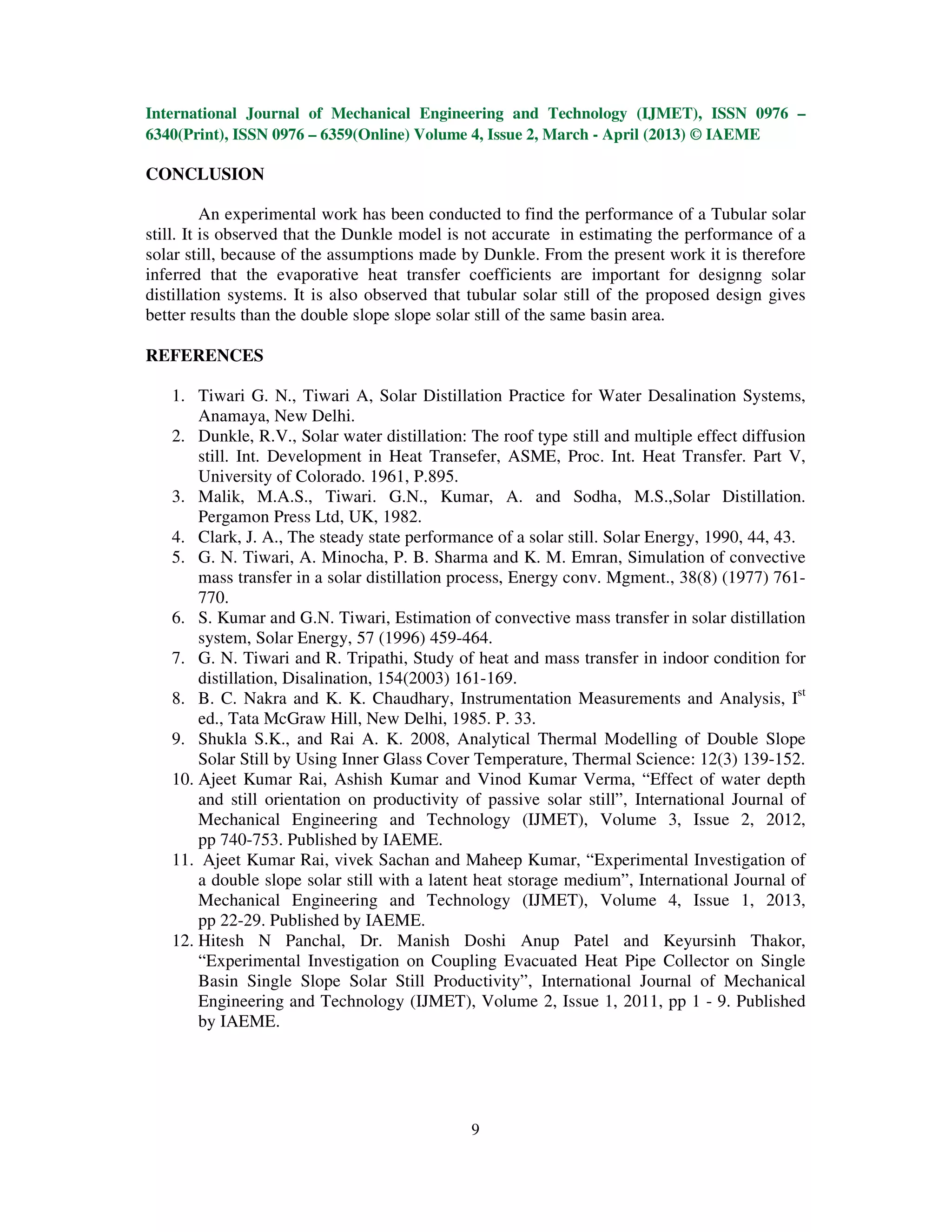 Experimental study of evaporation in a tubular solar still | PDF