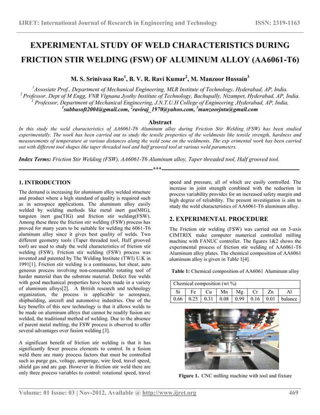 Experimental study of weld characteristics during friction stir welding ...