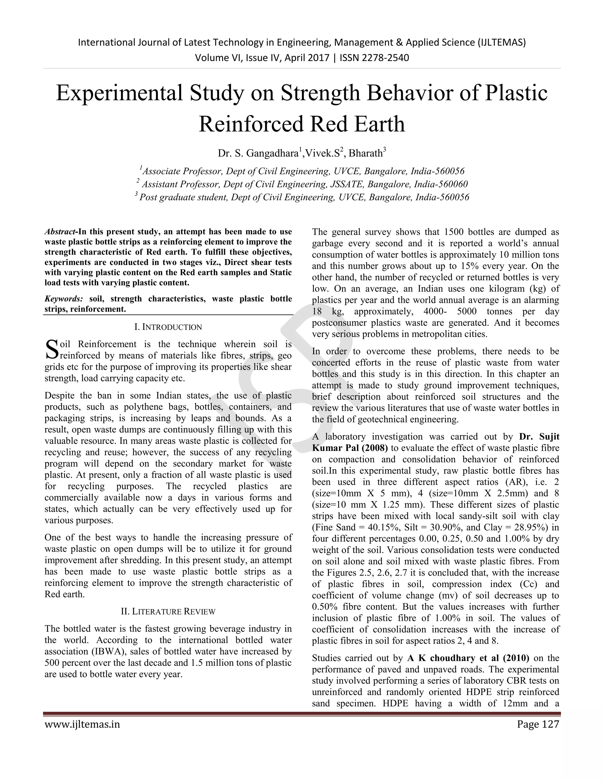 Experimental study on strength behavior of plastic reinforced red earth ...