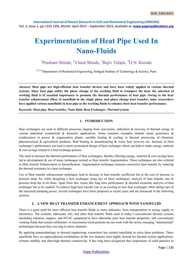 Experimentation of Heat Pipe Used In Nano-Fluids | PDF