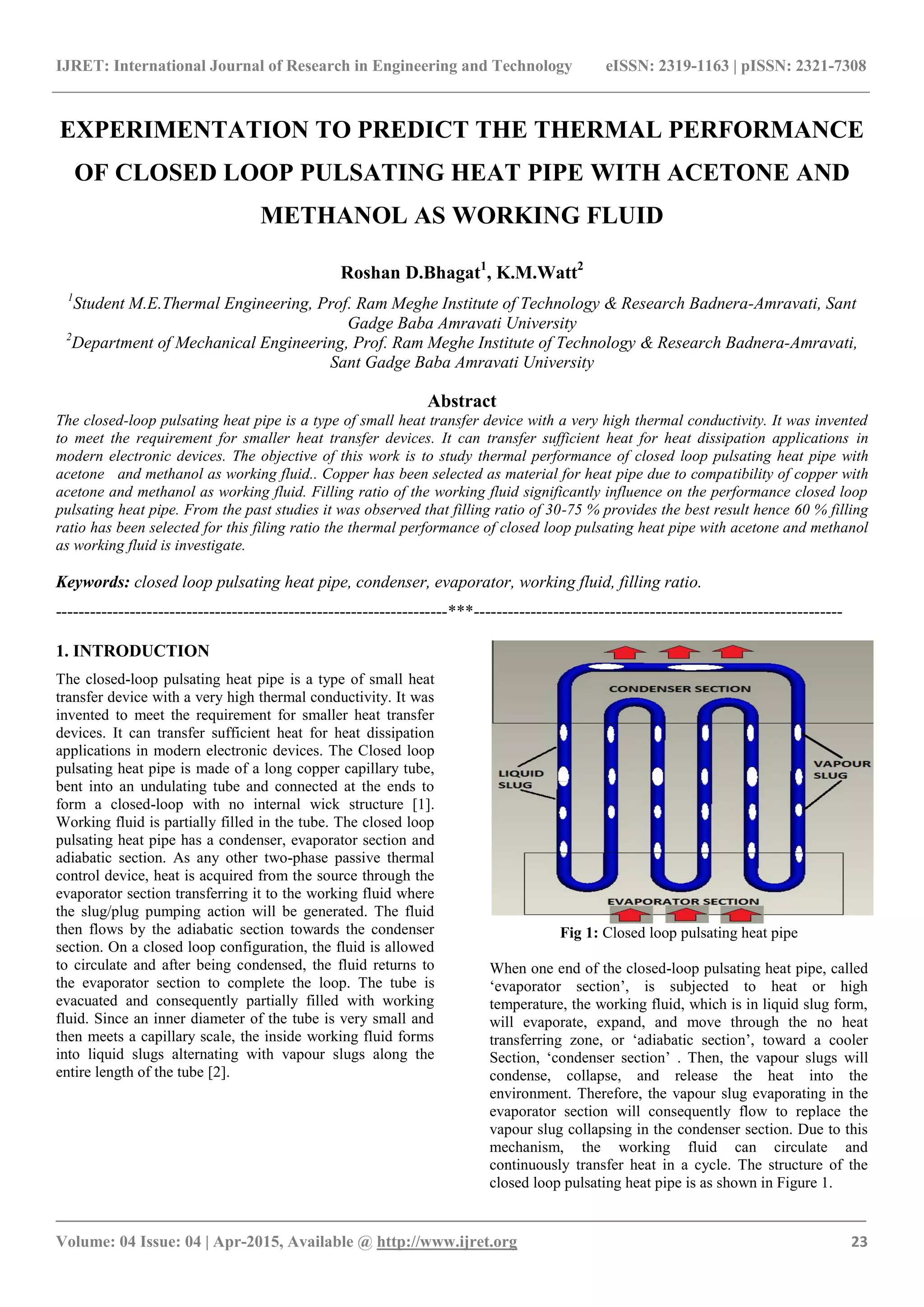 Experimentation to predict the thermal performance of closed loop pulsating heat pipe with ...
