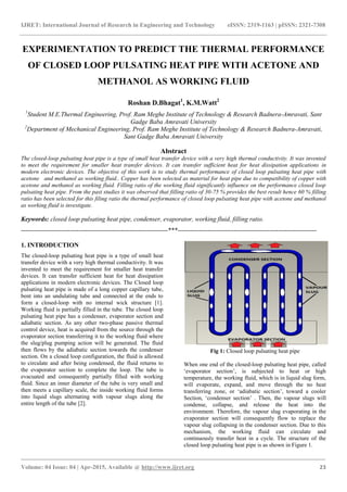 Experimentation to predict the thermal performance of closed loop pulsating heat pipe with ...