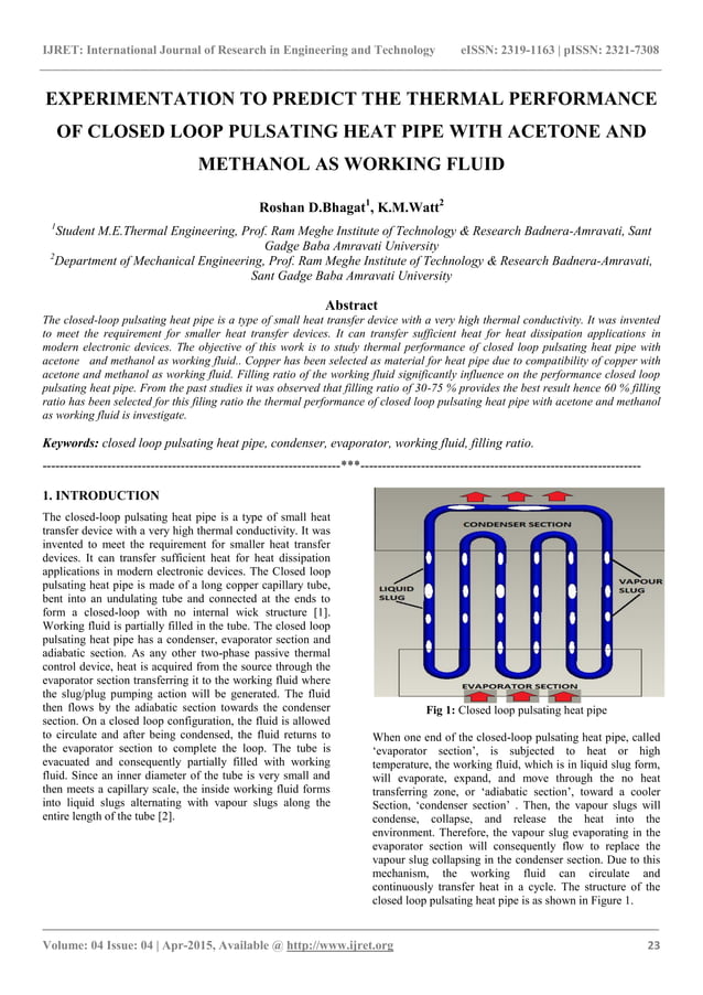 Experimentation to predict the thermal performance of closed loop pulsating heat pipe with ...
