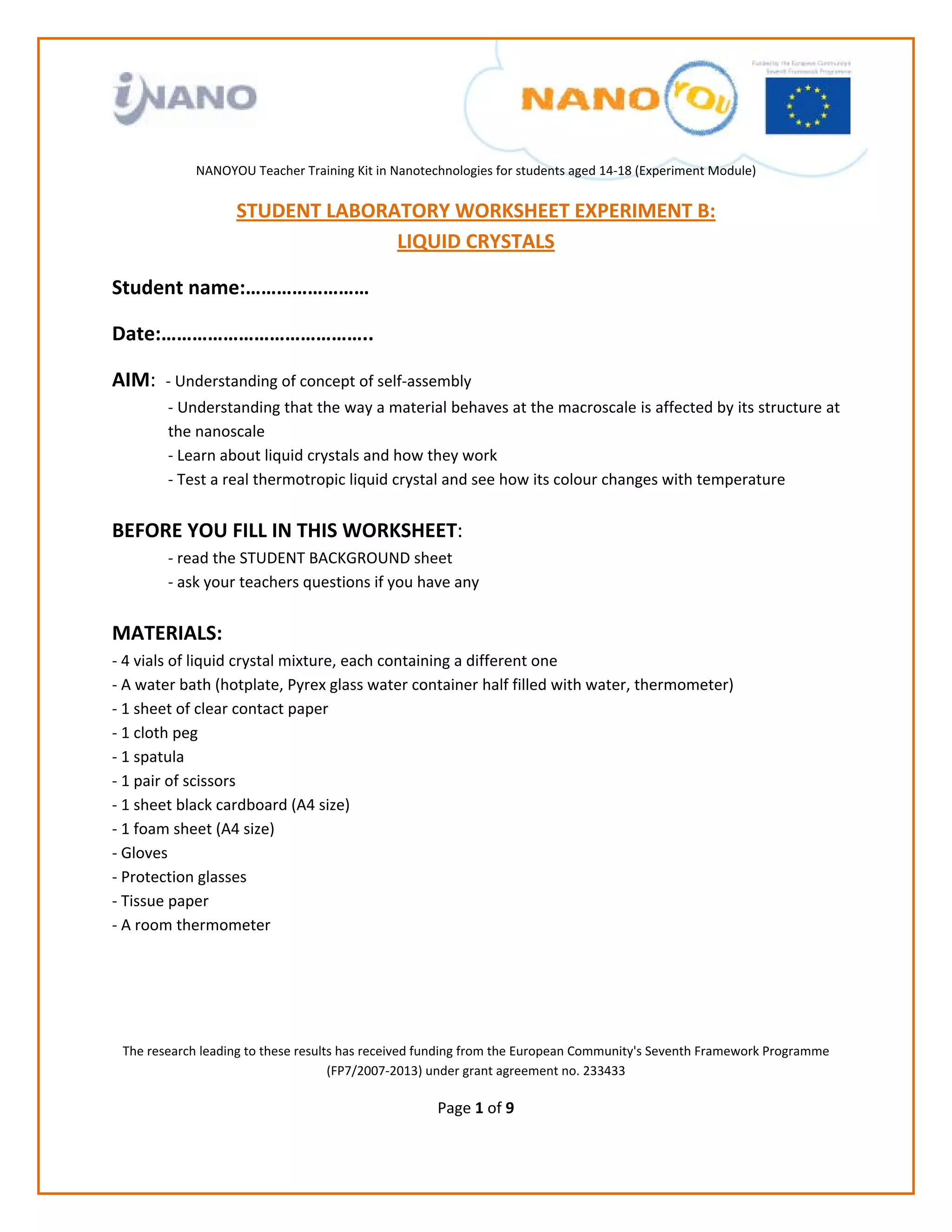 Experiment with liquid crystals - Student laboratory worksheet (age 14 ...