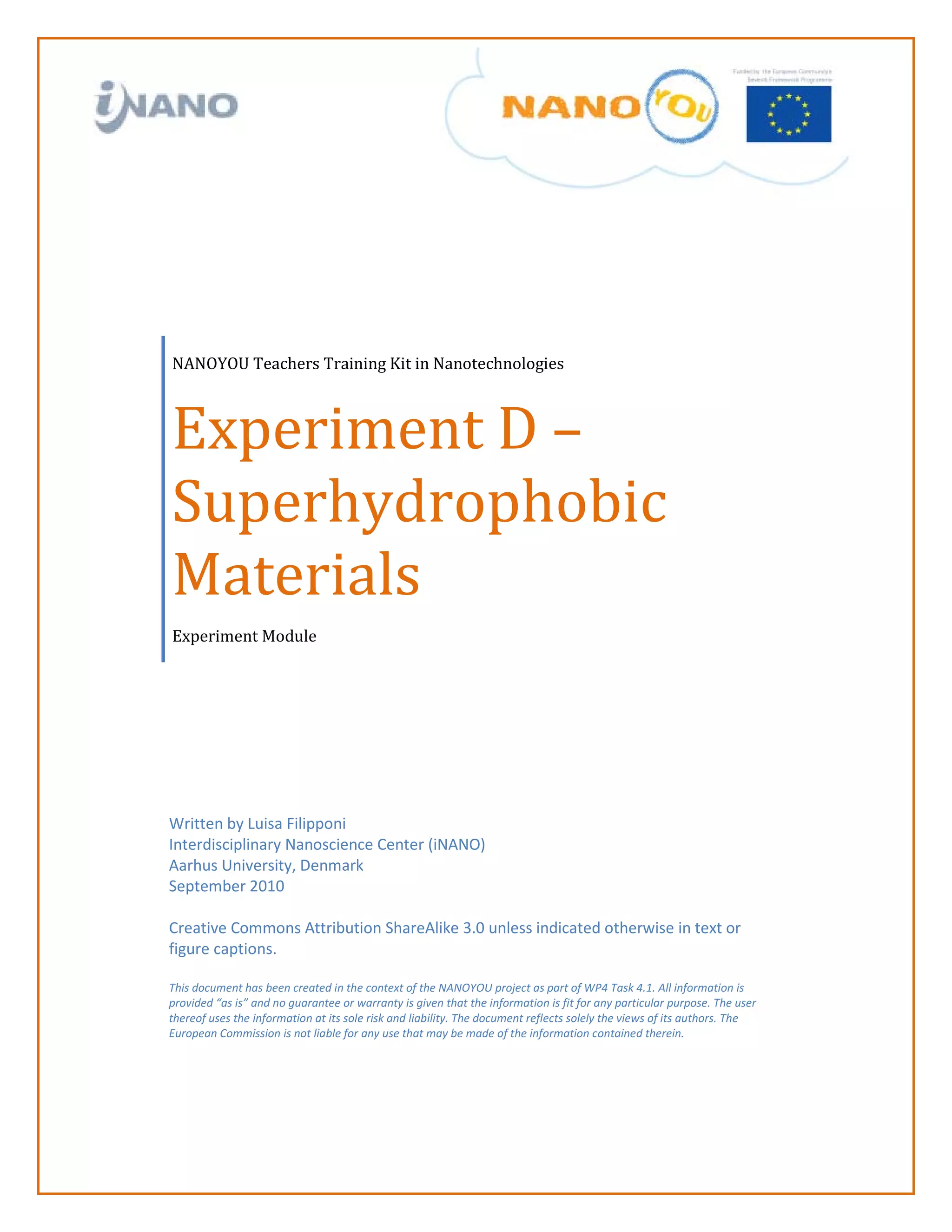 Experiment with superhydrophobic materials - Teacher guide (age 14 -18 ...