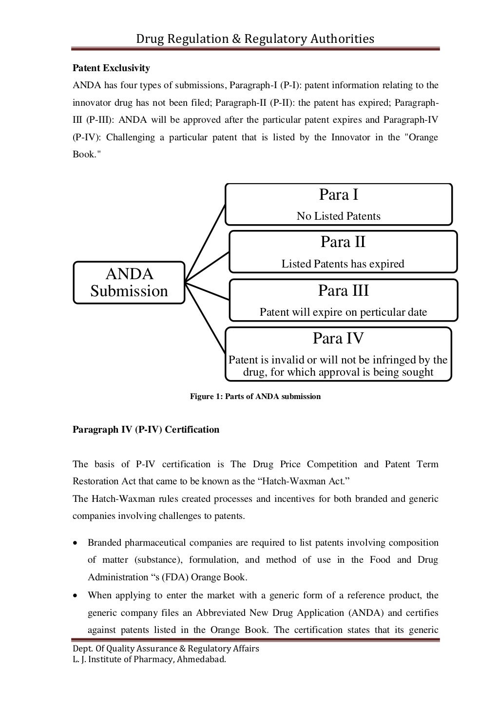 A) Study in detail about Para - IV filing. B) Case studies for Para ...