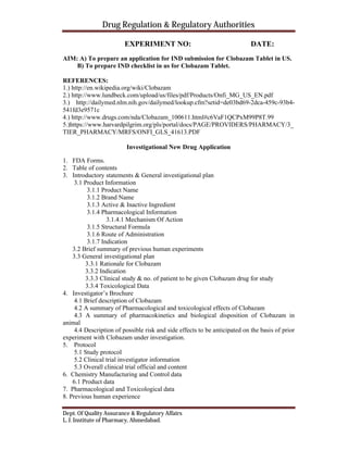 5. A) To prepare an application for IND submission for Clobazam Tablet ...