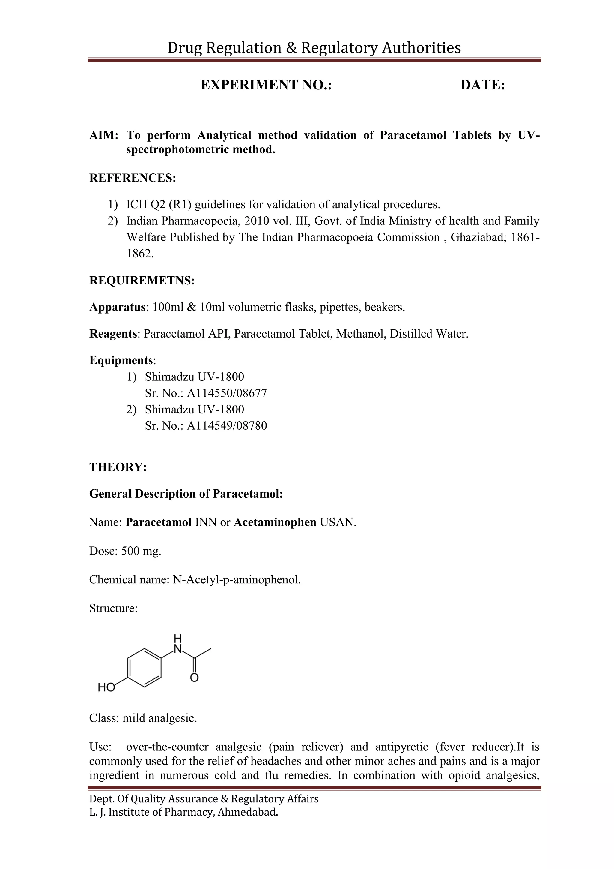 To Perform Analytical Method Validation Of Paracetamol Tablets By Uv Spectrophotometric Method