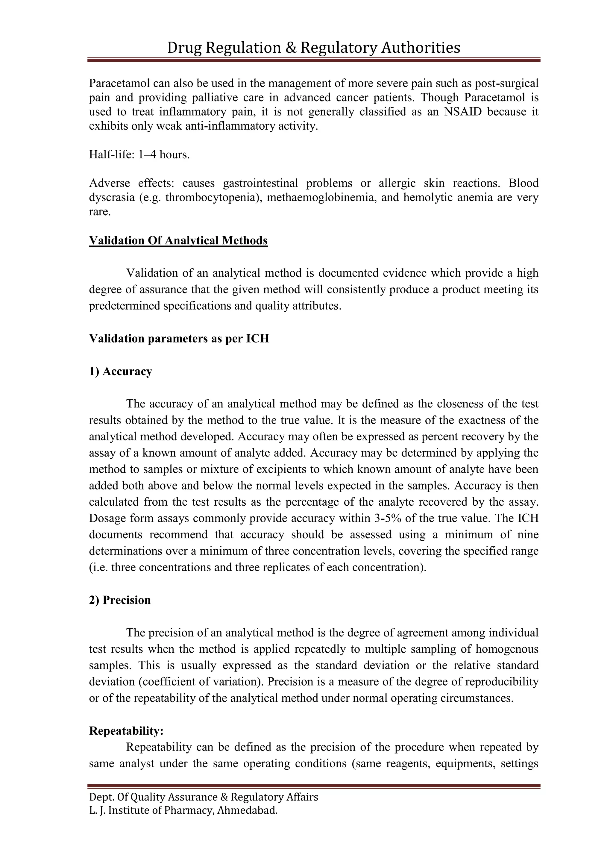 To perform Analytical method validation of Paracetamol Tablets by UV-spectrophotometric method ...