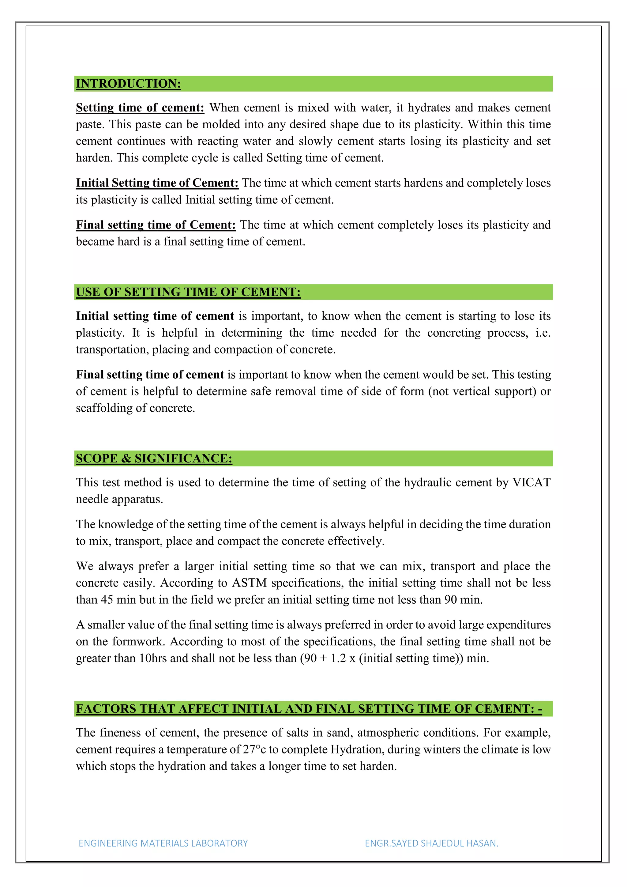 Experiment no 03 setting time of cement. | PDF