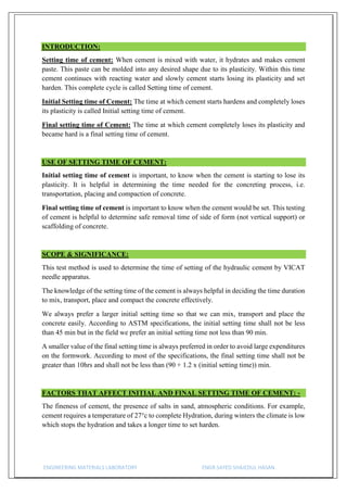 Experiment no 03 setting time of cement. | PDF