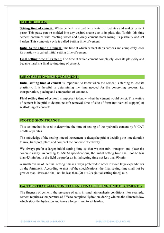 Experiment no 03 setting time of cement. | PDF